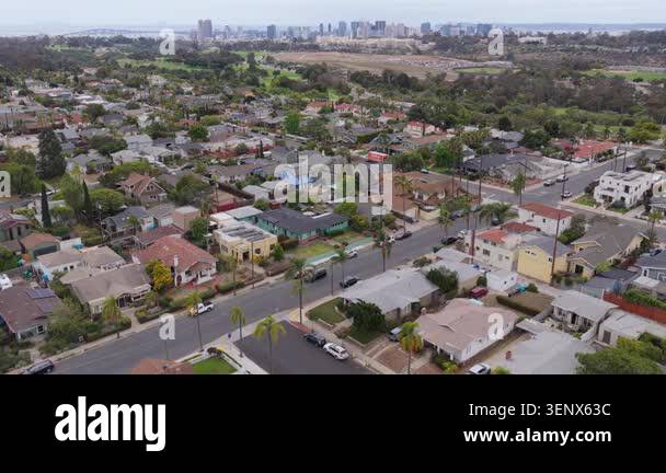Scenic landscape over a suburban neighborhood of houses and streets ...
