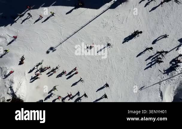 aerial top view of snowmobile in winter mountains Stock Video Footage ...