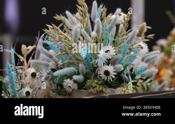 Beautiful floral composition with dried ornamental grass, wheat ears ...