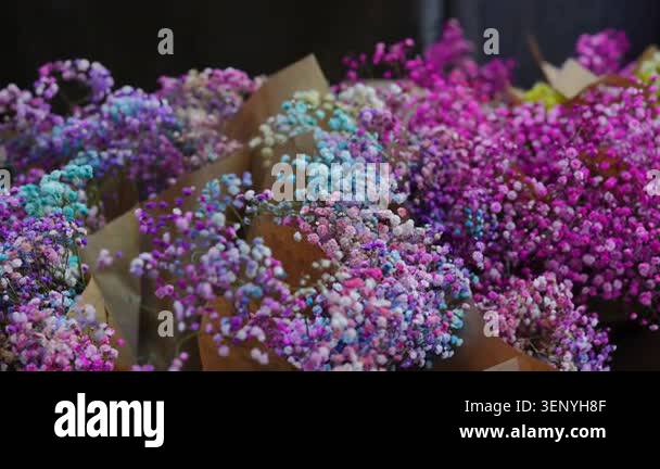 Close-up view of multicolored gypsophila paniculata bouquets in brown ...