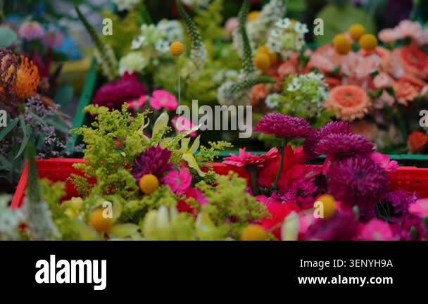 Beautiful and vibrant collection of flowers in crates at a market stall ...