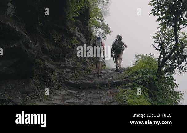 Two hikers navigate a foggy, forested mountain path with towering ...