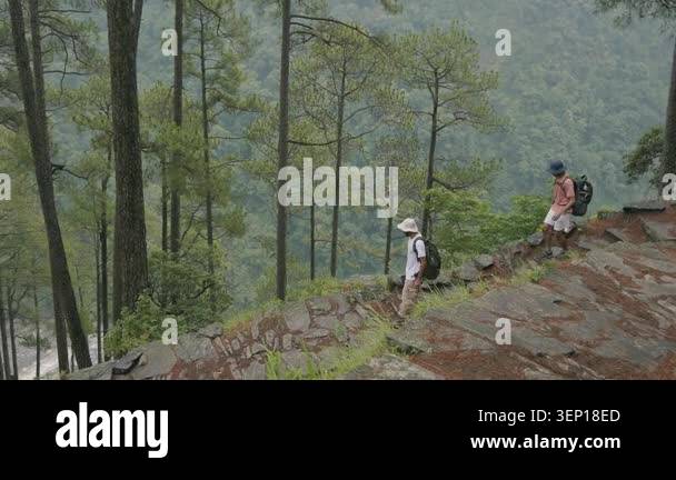 Two hikers navigate a misty, forested trail in the Garhwal Himalayas ...