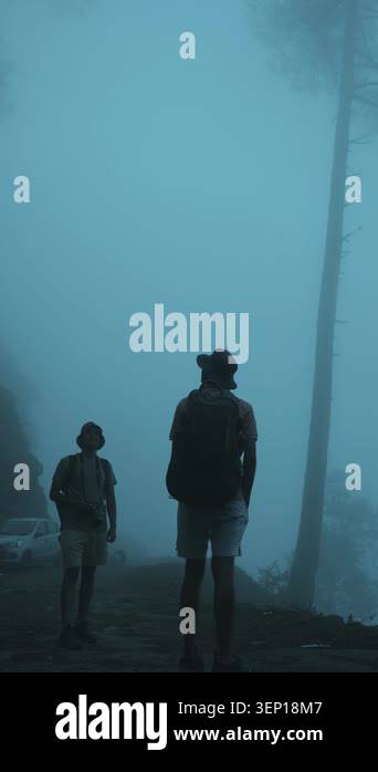 Silhouetted hikers with backpacks traverse dense foggy forests on the ...