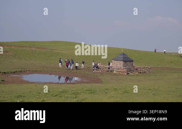 Group of trekkers on the Madmaheshwar trail in Uttarakhands Garhwal ...
