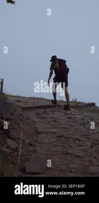 Solo trekker walks along rugged high-altitude path in foggy Himalayan ...