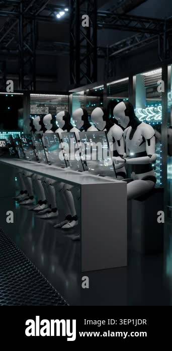 Looping robot in server room monitors systems via futuristic interface ...