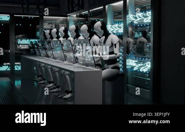 Looping robot in server room monitors systems via futuristic interface ...