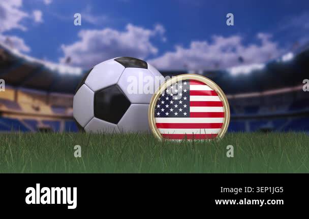 A football "soccer" ball rotating behind a badge displaying the ...