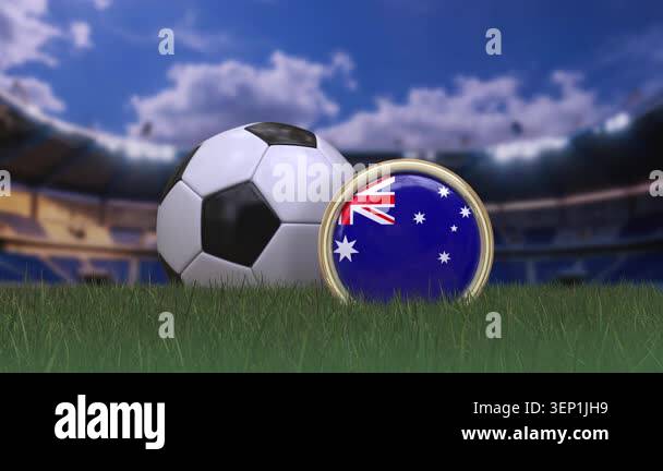 A football "soccer" ball rotating behind a badge displaying the ...