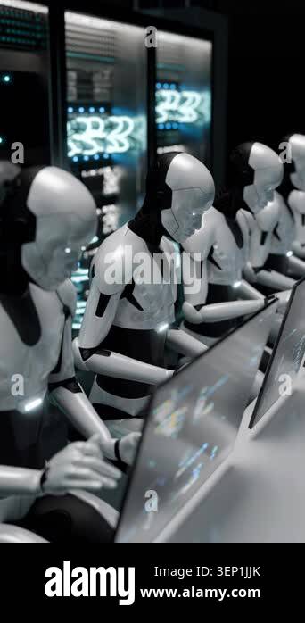 Looping robot in server room monitors systems via futuristic interface ...