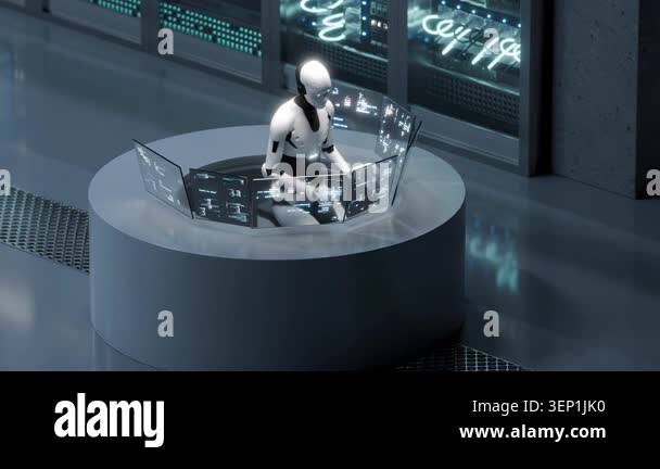 Looping robot in server room monitors systems via futuristic interface ...