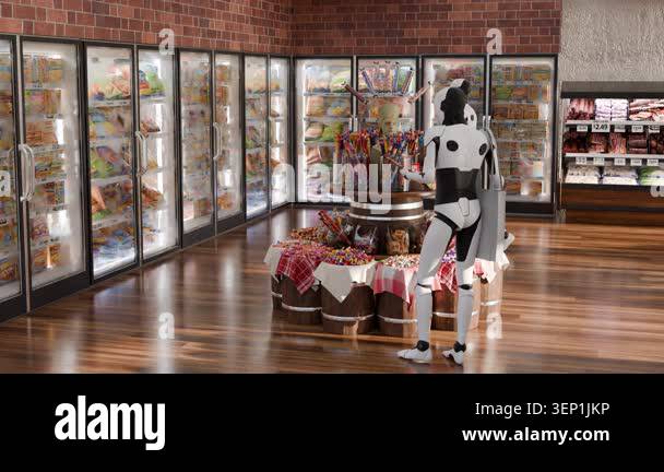3D Robot at grocery supermarket 3D animation Stock Video Footage - Alamy