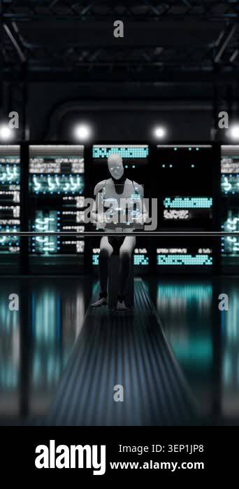 Looping robot in server room monitors systems via futuristic interface ...