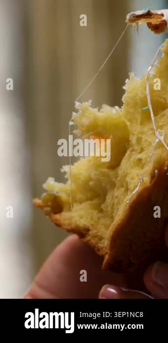 Several close up videos of fresh festive sweet bread being cut into ...