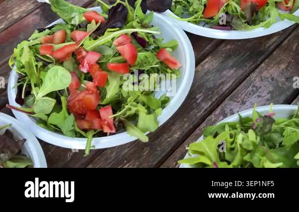 Juicy tomatoes and crunchy cucumbers sliced and arranged on disposable ...