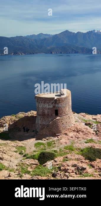 Observe an ancient stone tower positioned on Corsicas rugged coastline ...