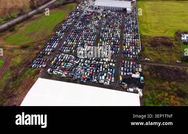 Aerial view of salvage yard with hundreds of cars, Bulgaria. Drone ...