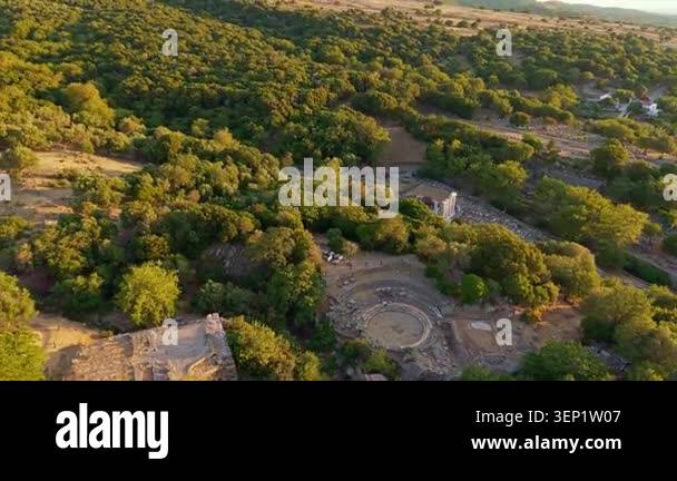 Aerial view of the ancient Greek columns at the Sanctuary of the Great ...