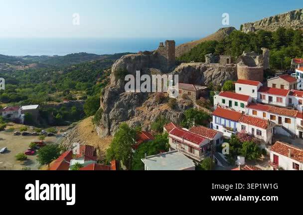 Aerial view of Chora on Samothraki island, Greece, the traditional ...