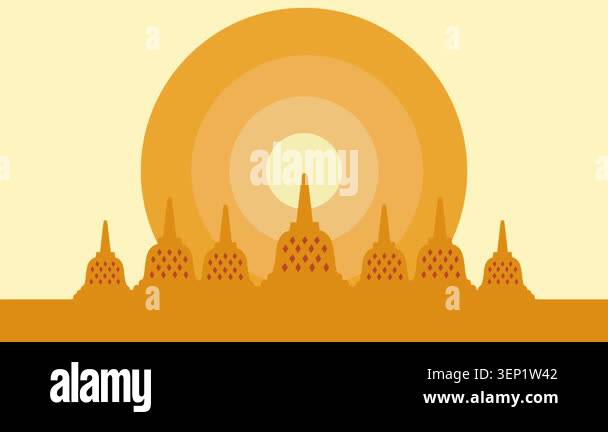 Happy Vesak Day Greeting with Borobudur Temple Silhouette and Floral ...