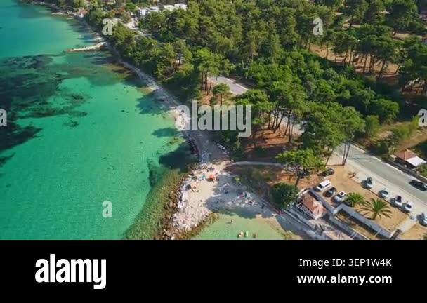 Aerial view of a luxury beach club with white umbrellas, palm trees ...