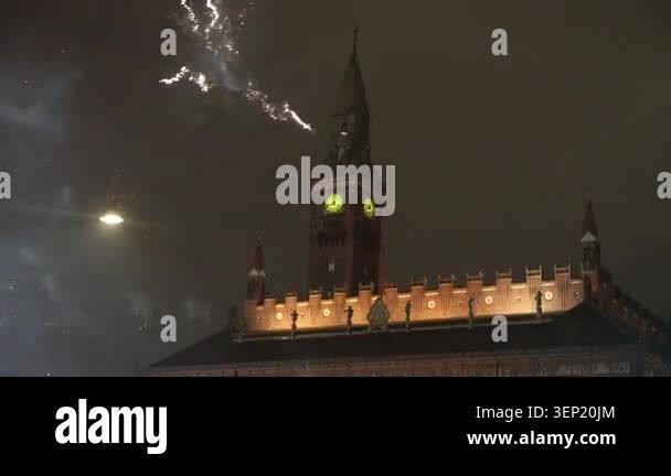 Fireworks over historic building with tower in night city Stock Video ...