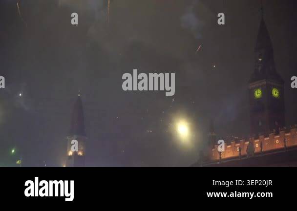 Fireworks over historic building with tower in night city Stock Video ...