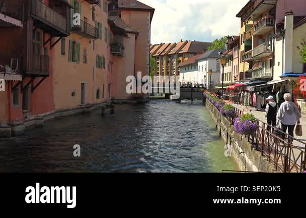 Canal view in historic old town Annecy with waterfront buildings and ...