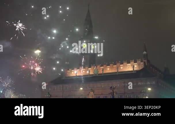 Fireworks over historic building with tower in night city Stock Video ...