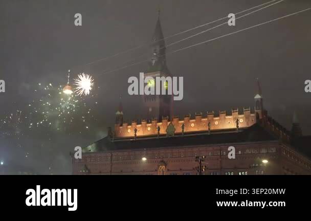 Fireworks over historic building with tower in night city Stock Video ...
