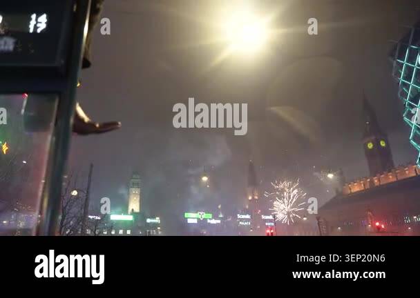 Fireworks over historic building with tower in night city Stock Video ...