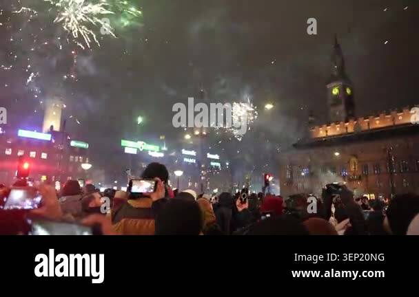 Fireworks over historic building with tower in night city Stock Video ...