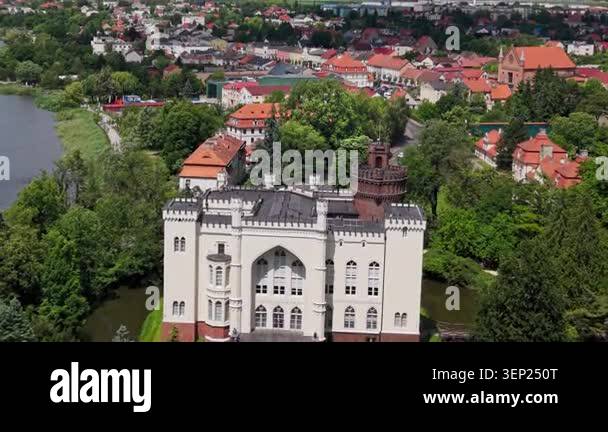 Aerial Drone View Historic Castle Brick Tower Small Town River Houses ...