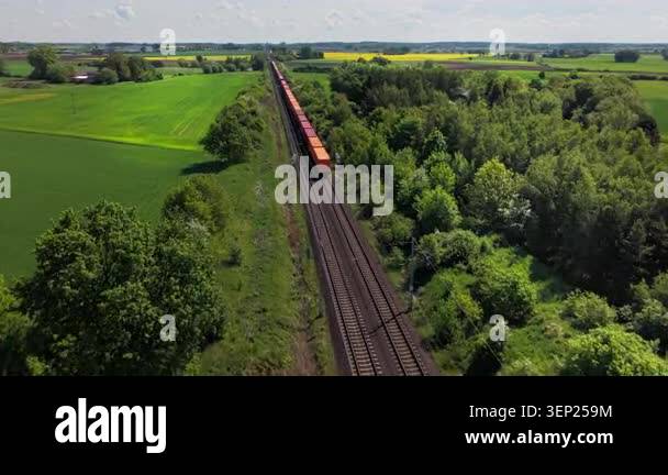 Aerial View Freight Cargo Passenger Trains Passing Each Other Green ...