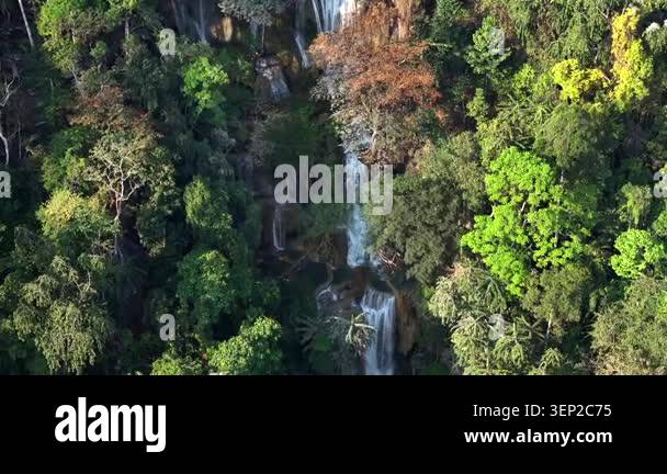 Aerial view of a Beautiful Kuang Si Waterfall in Luang Prabang, Laos ...