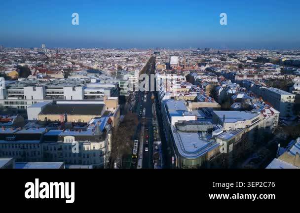 Aerial view of berlin city showing snow covered rooftops, buildings ...