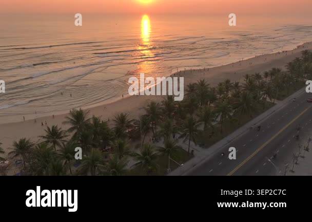 Da Nang coastal city at morning, cityscape with a long Beach, Crowded ...