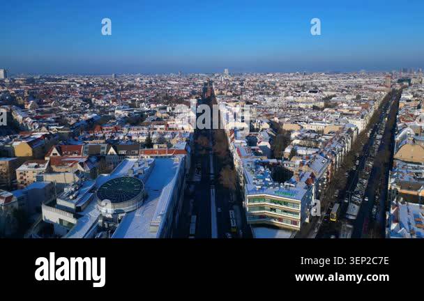 Aerial view of berlin city showing snow covered rooftops, buildings ...