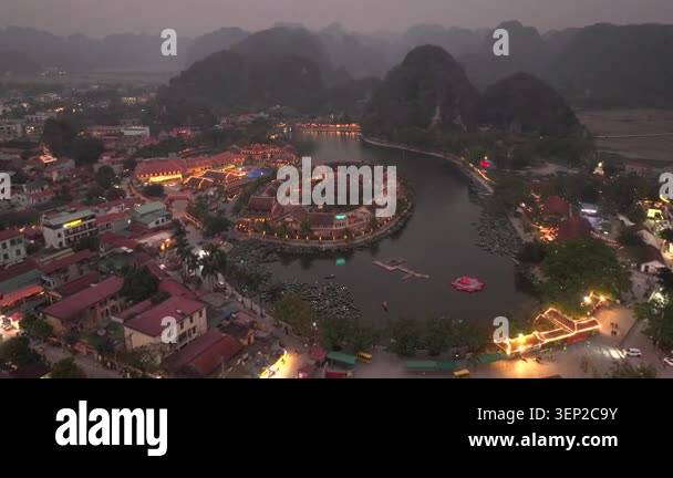 Aerial view of Tam Coc, a Historic Old Town Island in evening ...