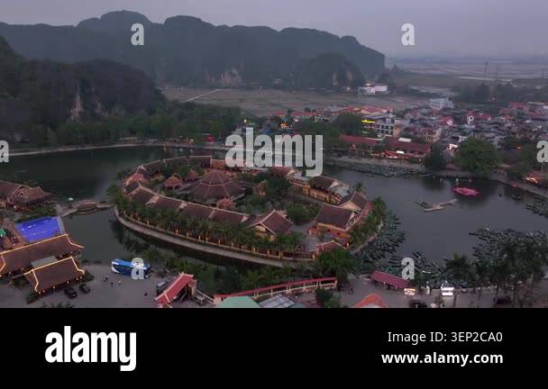 Aerial view of Tam Coc, a Historic Old Town Island in evening ...