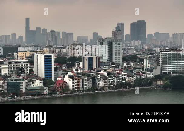 Aerial of Hanoi city, Vietnam. A busy road Traffic with plenty of ...