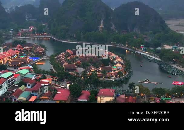 Aerial view of Tam Coc, a Historic Old Town Island in evening ...