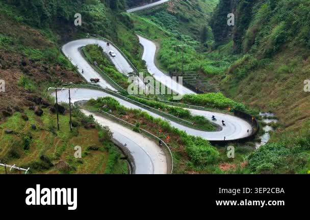 Aerial View Of the Winding Tham Ma Mountain Pass In Ha Giang Province ...