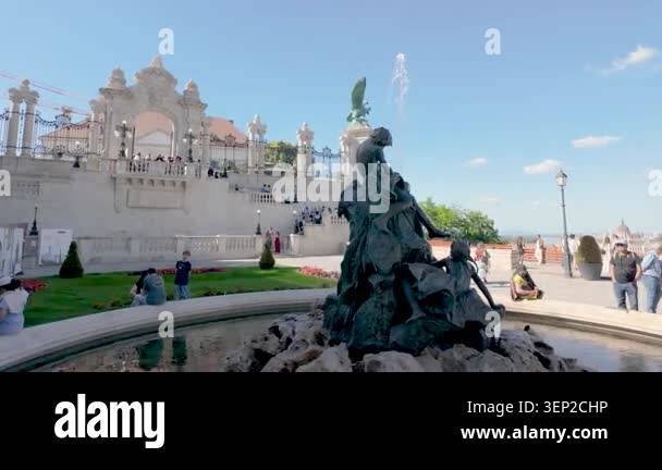 Budapest, Hungary May 2, 2026: Historic fountain sculpture overlooking ...