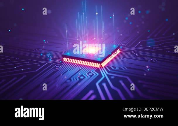 Endless 3D animation of a glowing semiconductor chip on a motherboard ...