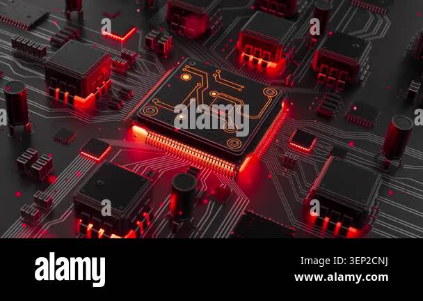 Detailed 3D animation featuring a futuristic electronic processor with ...