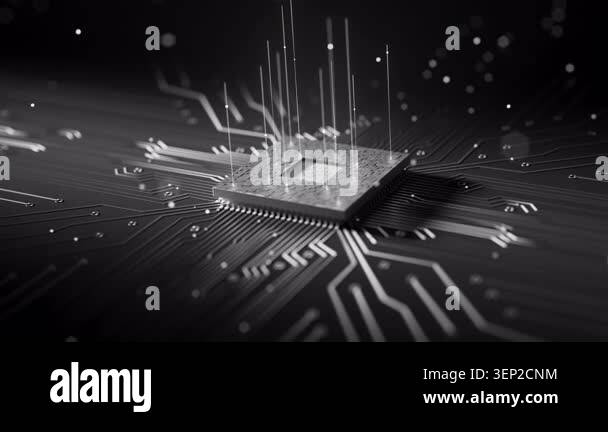 Futuristic looped 3D animation of a computer processor on a motherboard ...