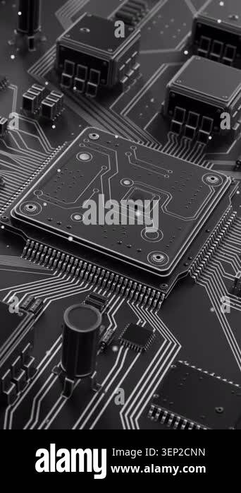 Detailed 3D animation of an advanced microchip connected to electronic ...