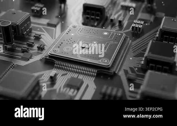 Futuristic seamless loop 3D animation of an advanced microchip ...